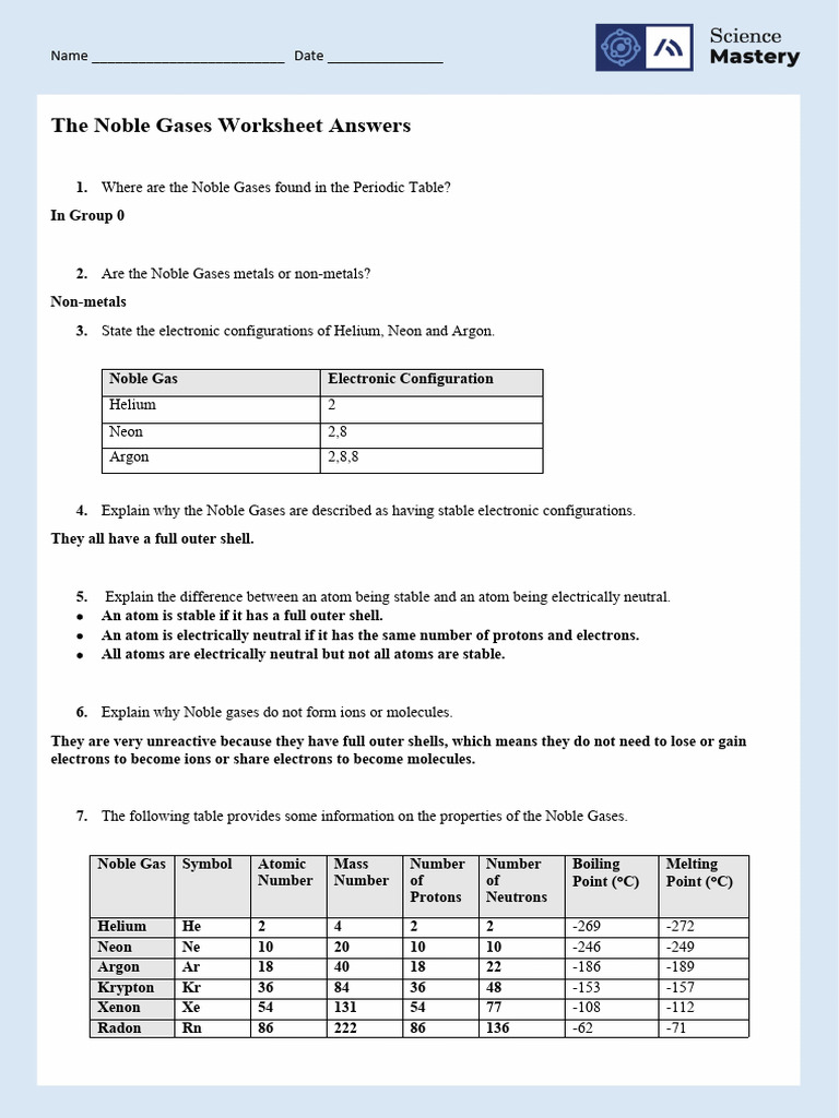 C3.1.7 The Noble Gases Worksheet Answers | PDF | Gases | Electron ...