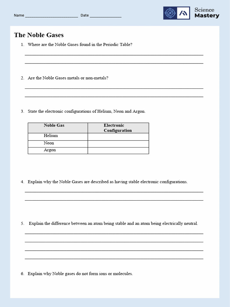 C3.1.7 The Noble Gases Worksheet | PDF | Gases | Atoms