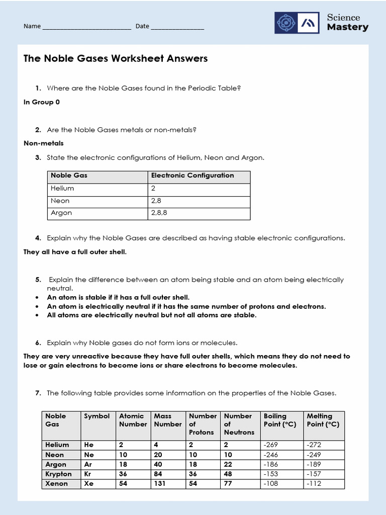 C3.1.7 The Noble Gases Worksheet Answers | PDF | Gases | Electron ...