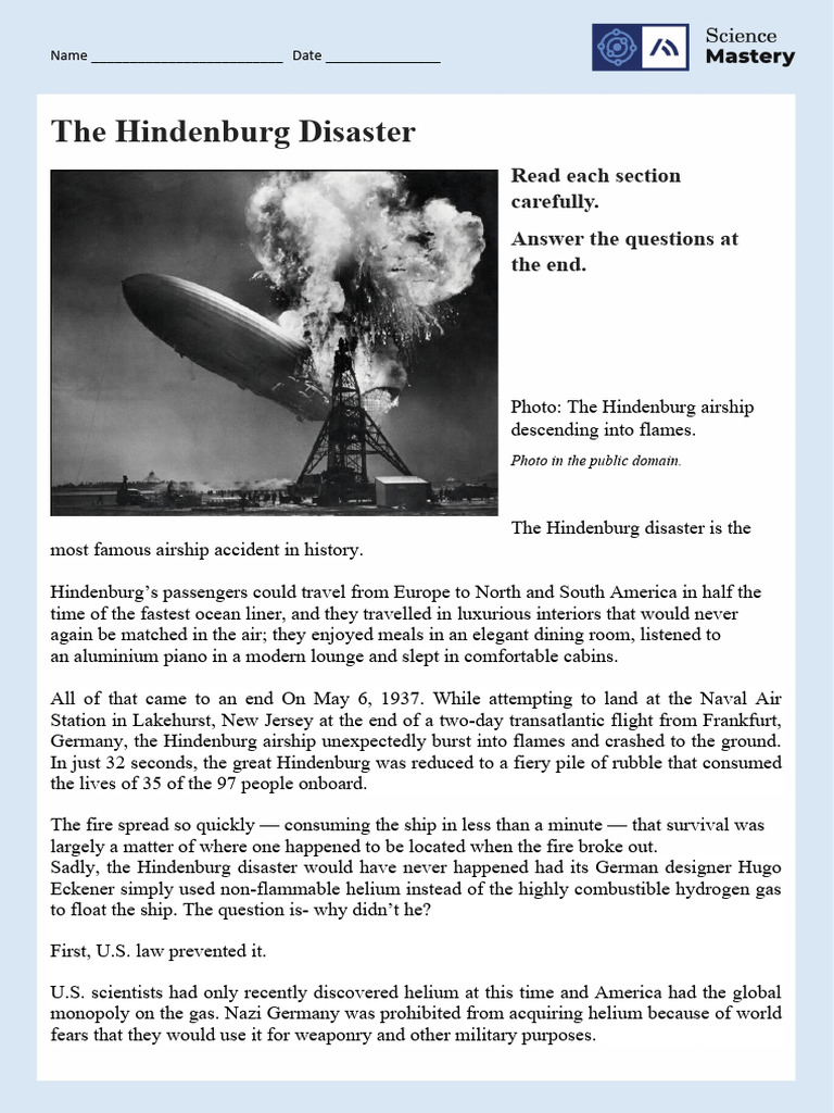 C3.1.7 The Hindenburg Disaster Reading Activity | PDF | Aeronautics ...