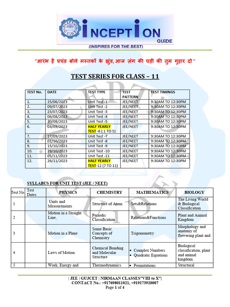 Class 11 Test Series Jee Neet 2023 2024 Pdf Physical Sciences