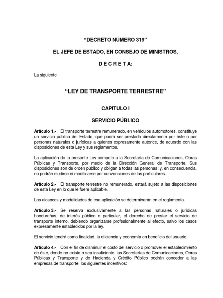 Ley de Transporte Terrestre (Decreto 319-94) | PDF | Transporte | Multa (pena)