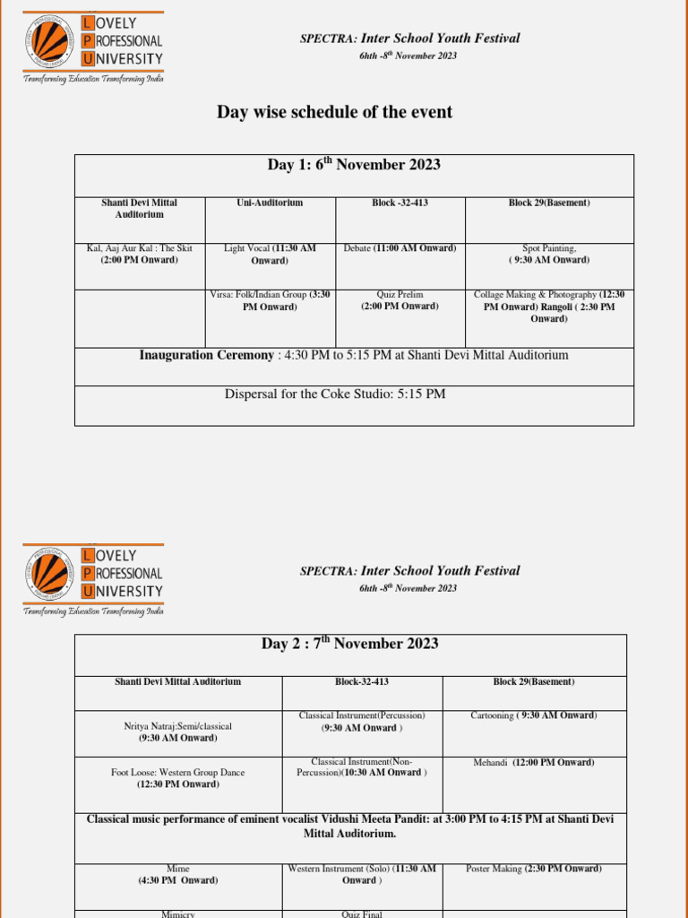 Spectra Event Schedule | PDF | Performing Arts | Entertainment