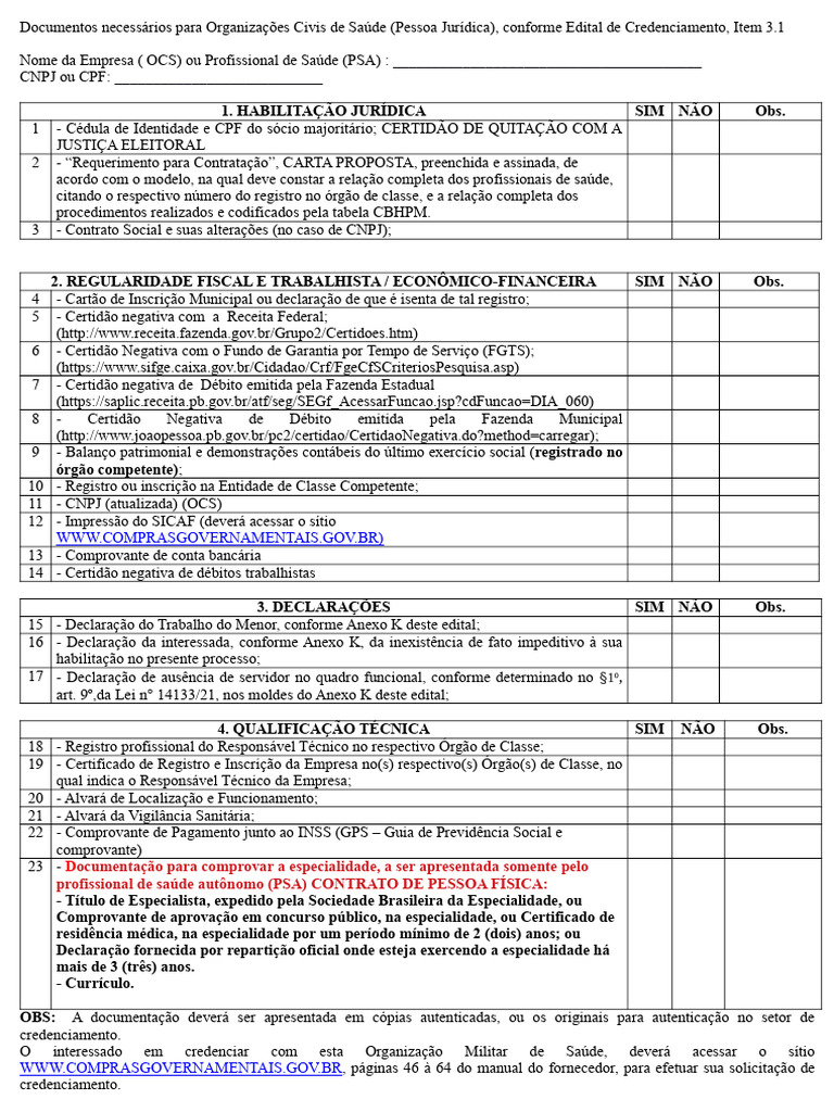 Checklist Pessoa Jurdica e PSA (Modelo Novo) | PDF