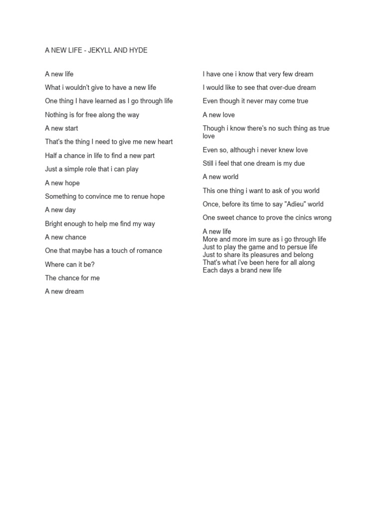 A New Life - Jekyll and Hyde Lyrics | PDF