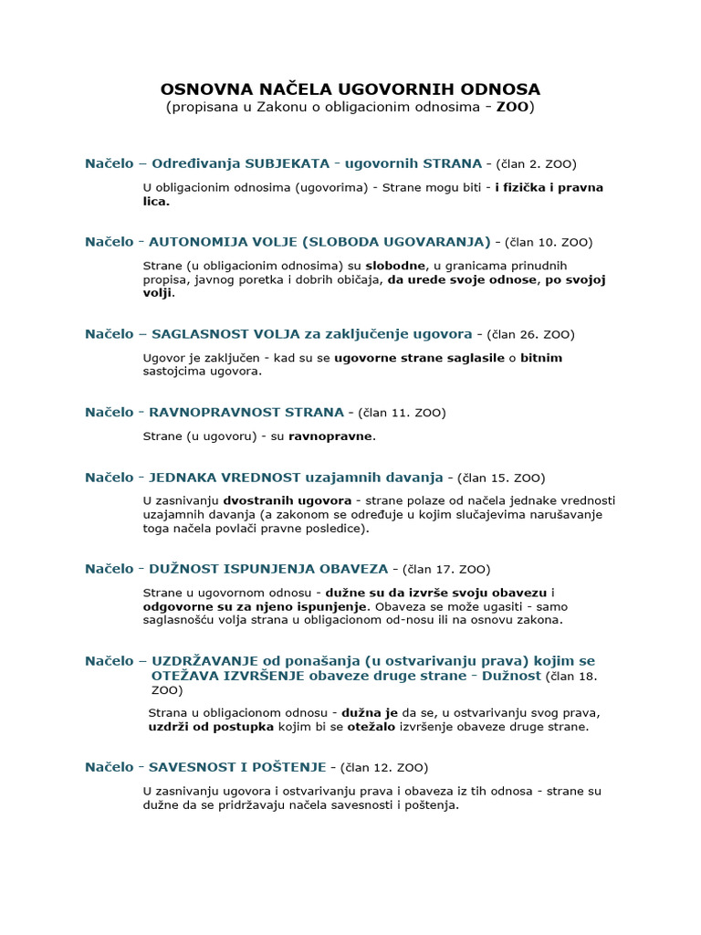 OSNOVNA NAČELA UGOVORNIH ODNOSA | PDF