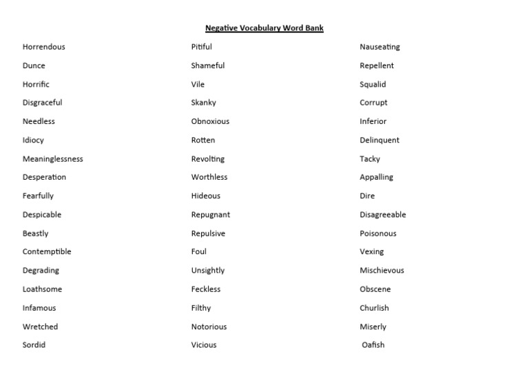 Negative Vocabulary Word Bank | PDF