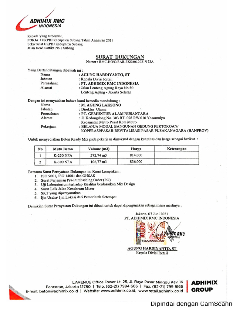 Surat Dukungan Beton Ready Mix01 | PDF