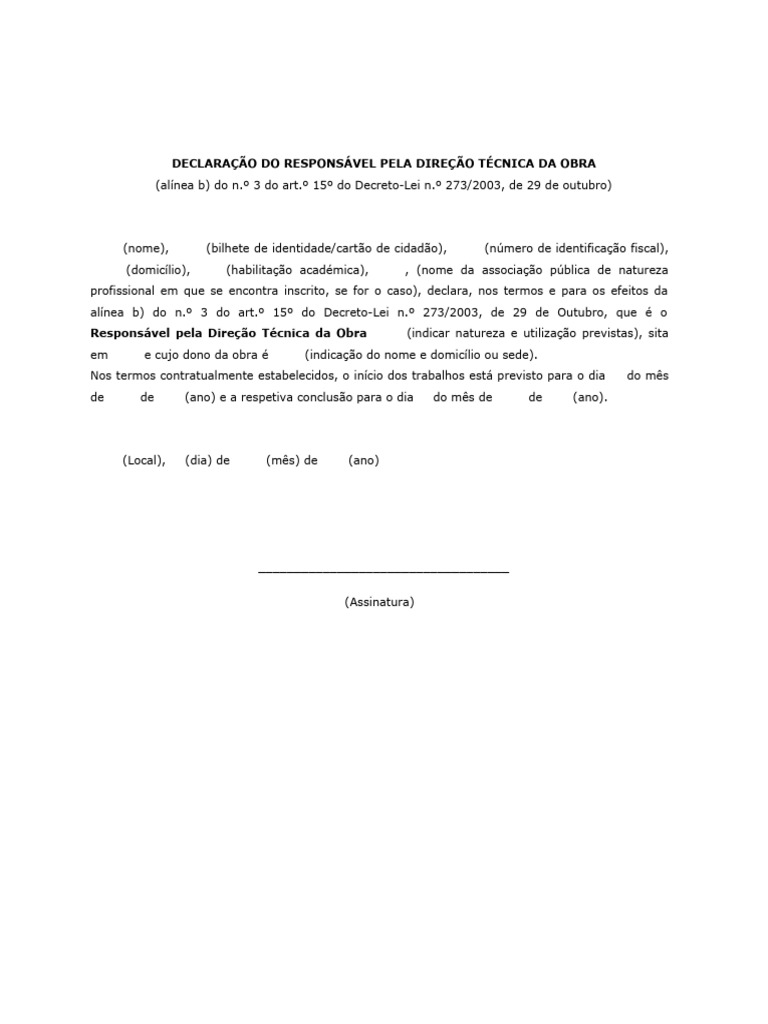 Declaração Do Responsável Pela Direção Técnica Da Obra | PDF Declaração Do Responsável Pela Direção Técnica Da Obra | PDF
