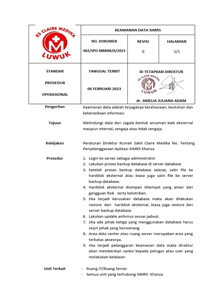 Spo Keamanan Data Simrs | PDF