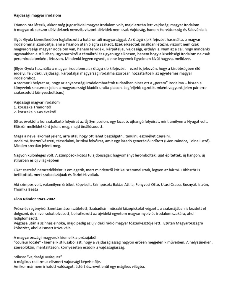 Vajdasági Magyar Irodalom | PDF