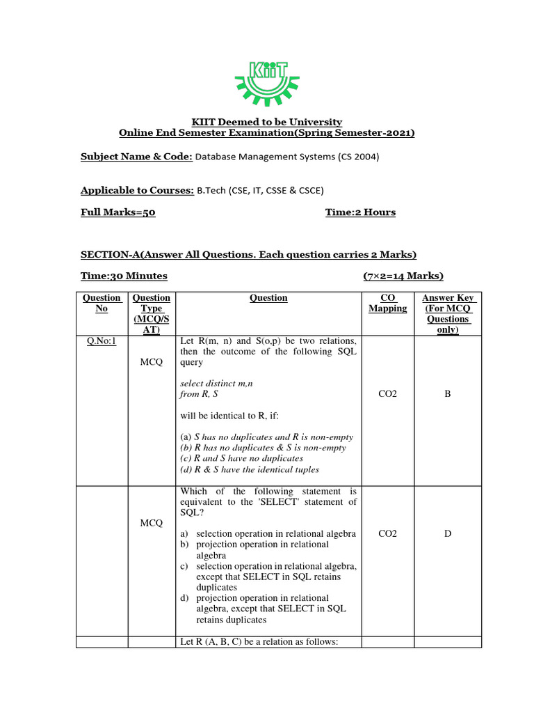 Database Management System, (CS-2004), Spring Semester Examination 2021 | PDF | Relational ...