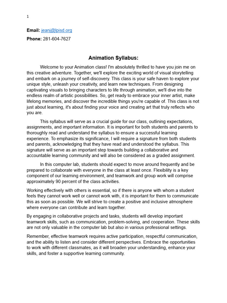 Syllabus Animation 2023-2024 | PDF | Teachers | Communication