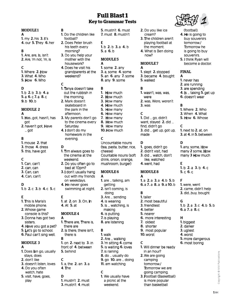 Full Blast 1 Grammar Tests Key | PDF
