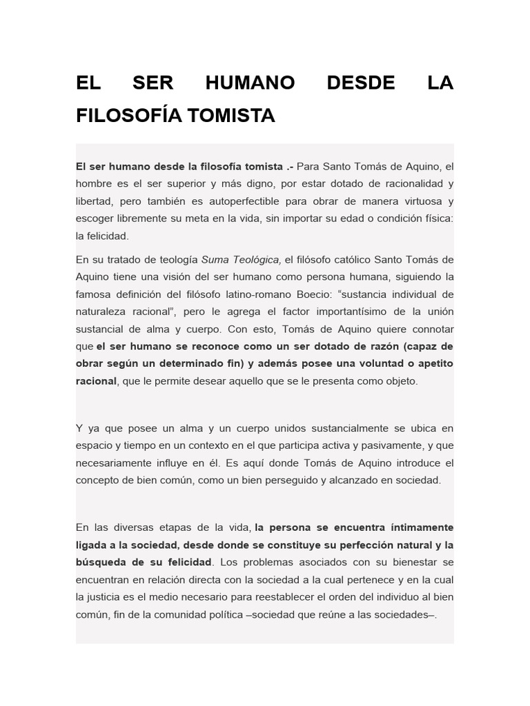El Ser Humano Desde La Filosofía Tomista | PDF | Tomás de Aquino | Verdad
