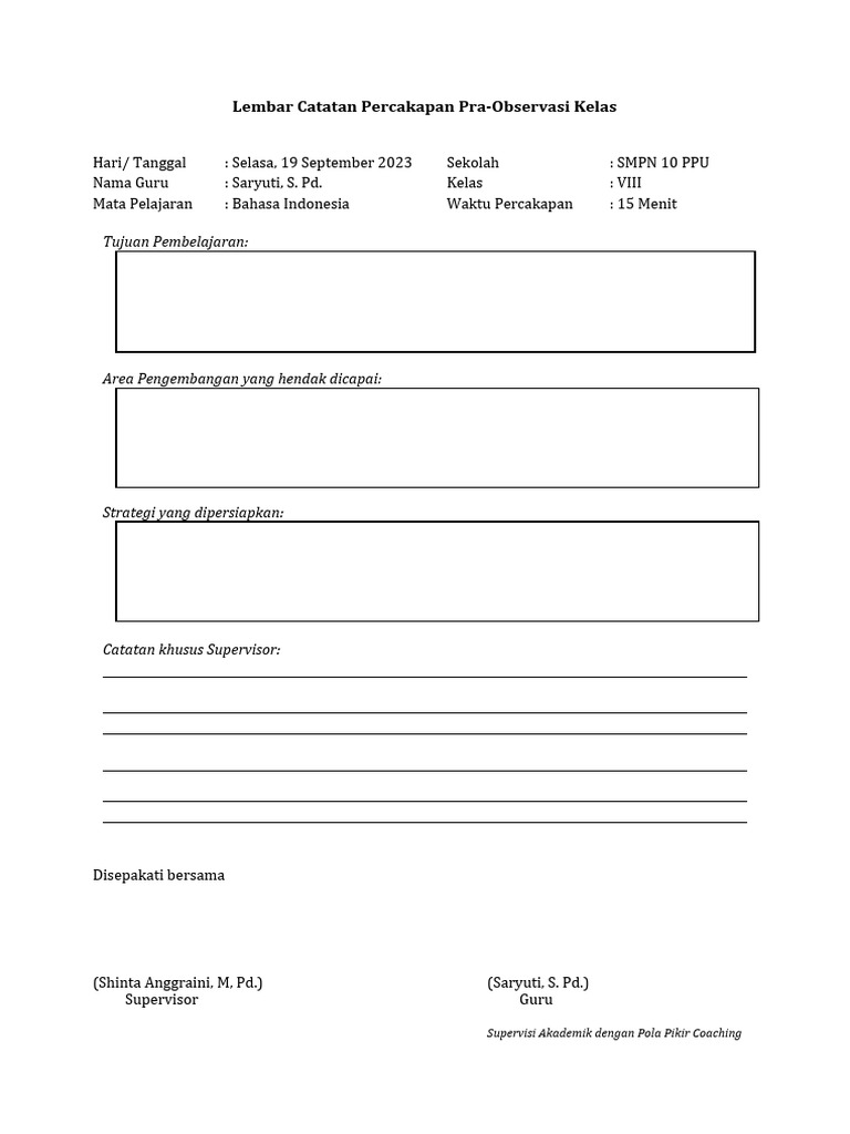 1 - Lembar Catatan Percakapan Pra-Observasi Kelas | PDF