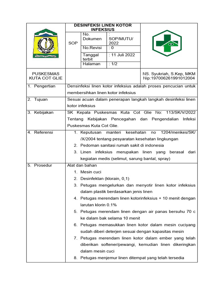 Sop Desinfeksi Linen Kotor Infeksius | PDF