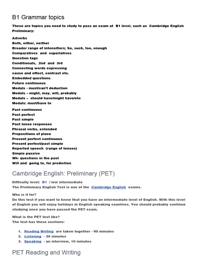 B1 Grammar Topics for PET Exam | PDF | English Language | Grammar
