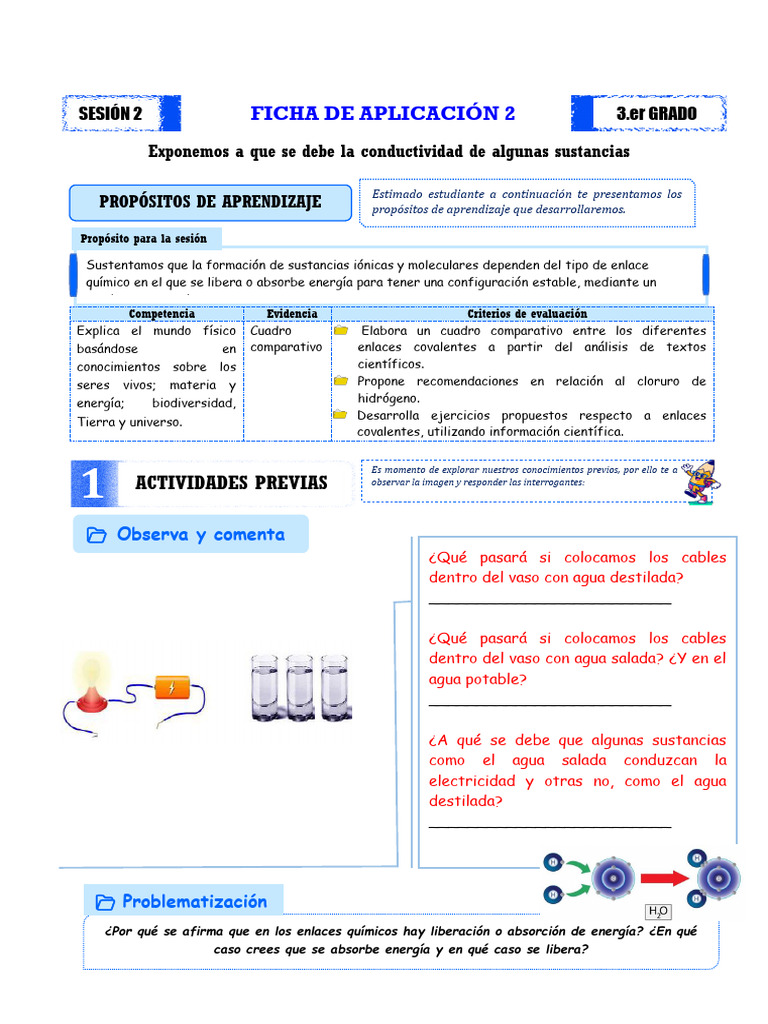 3° - Ficha - de - Aplicación-Sesión 2-Sem.1-Exp.7-Cyt | PDF | Cloro | Hidrógeno