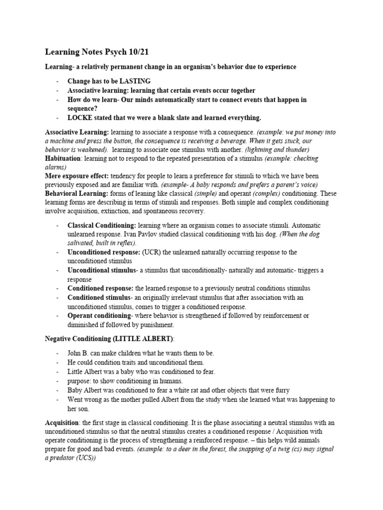 Learning Notes Psych | PDF | Classical Conditioning | Reinforcement