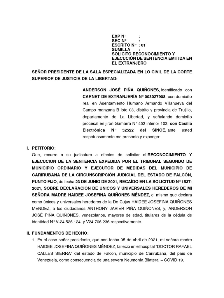 Demanda Exequatur | PDF | Sentencia (ley) | Debido al proceso