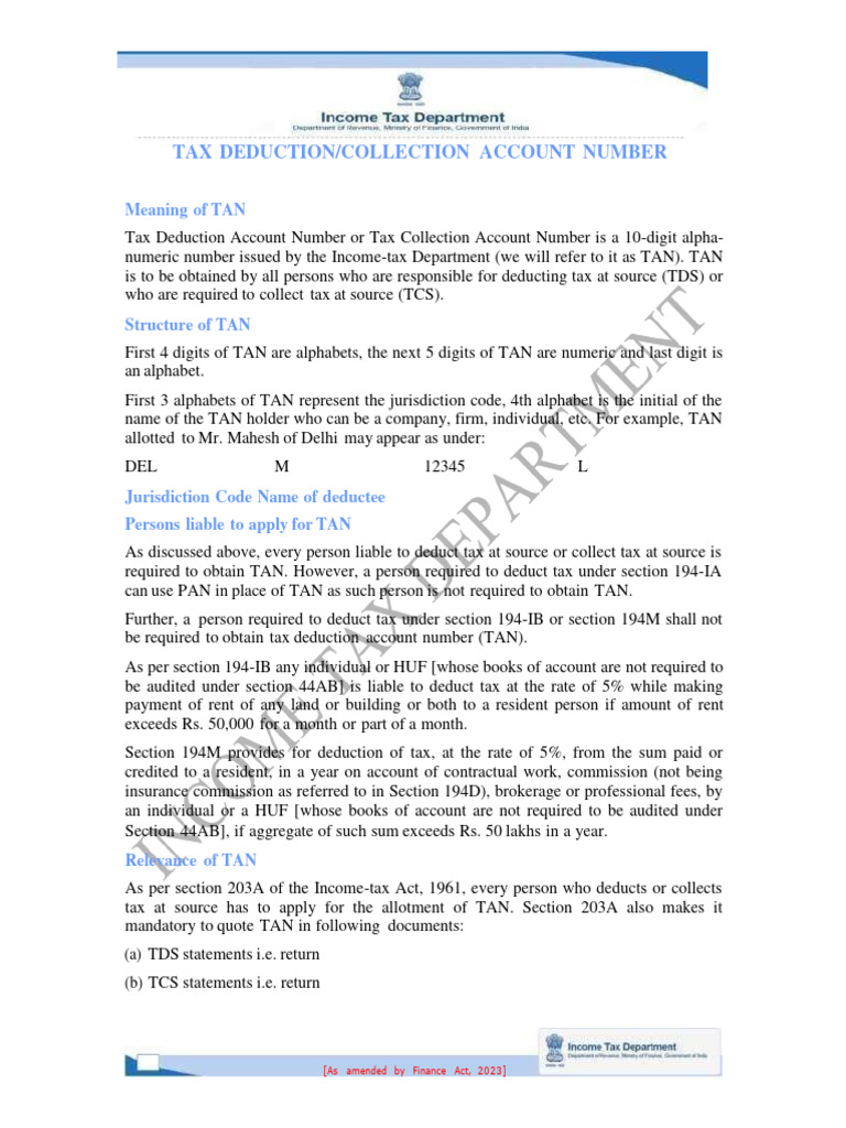 Tax Deduction/Collection Account Number: Meaning of TAN | PDF | Taxes ...