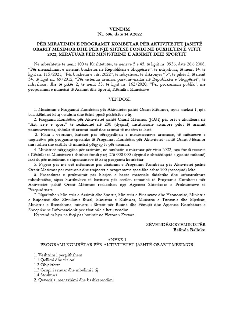 VKM NR 606 Date 14.09.2022 Programi I Aktiviteteve Jashte Shkollore | PDF