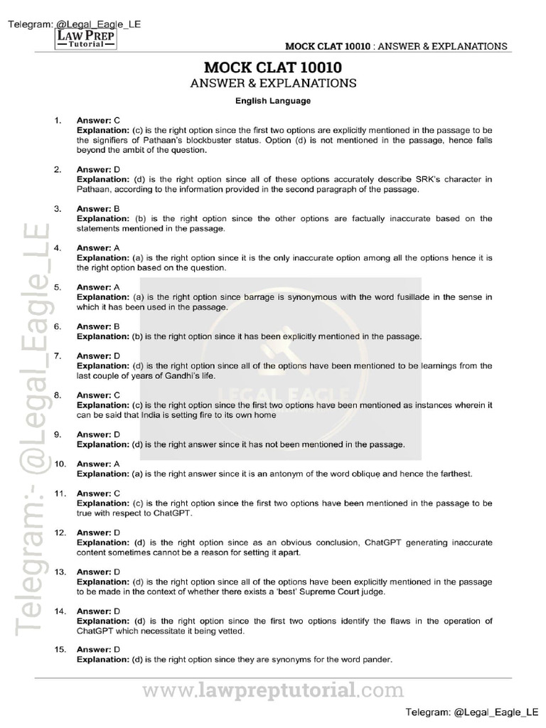 LPT MOCK CLAT 10, 2024 Explanation @legal - Eagle - LE | PDF