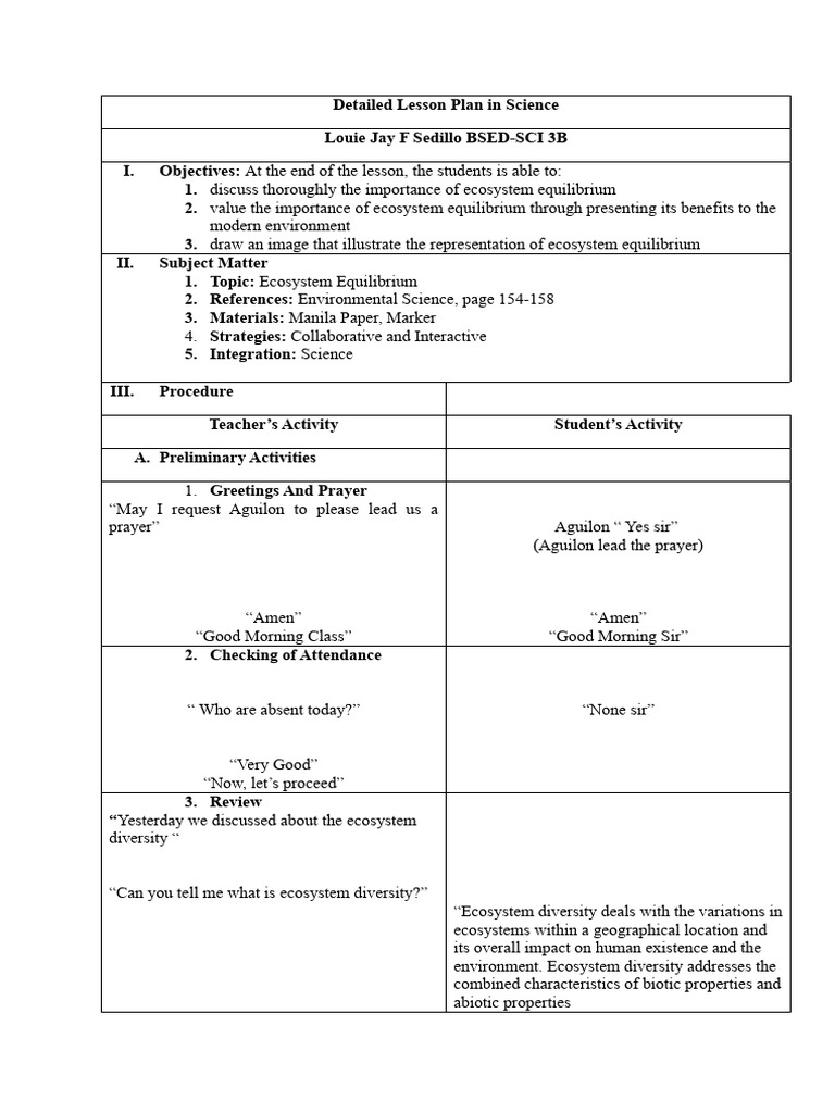 Ecosystem Equilibrium Lesson Plan | PDF | Ecosystem | Biodiversity