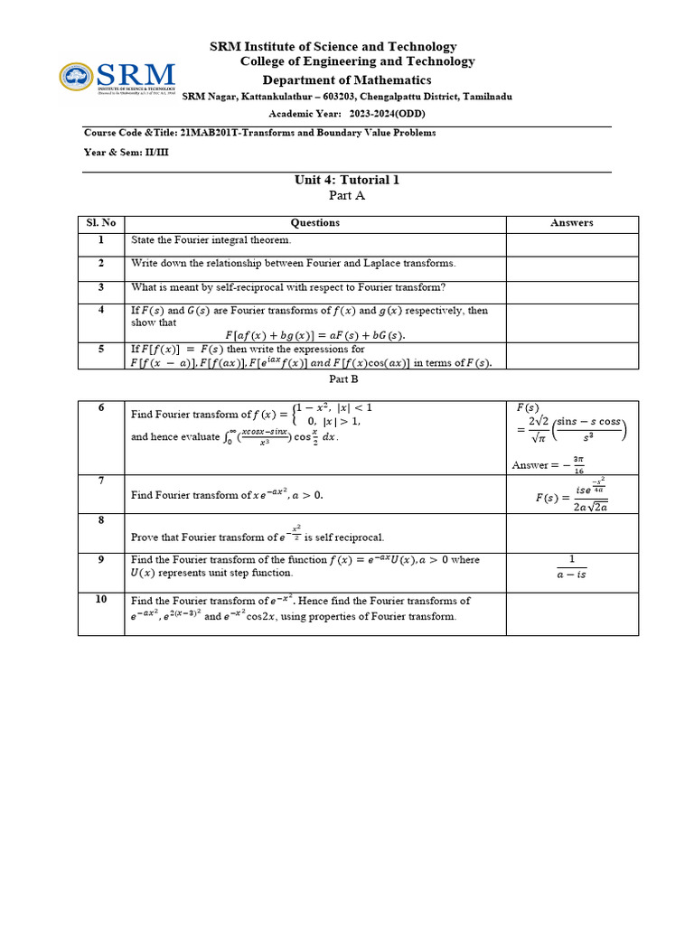 Unit4 - T1 - TBVP SRM Tutorial | PDF | Fourier Transform | Calculus