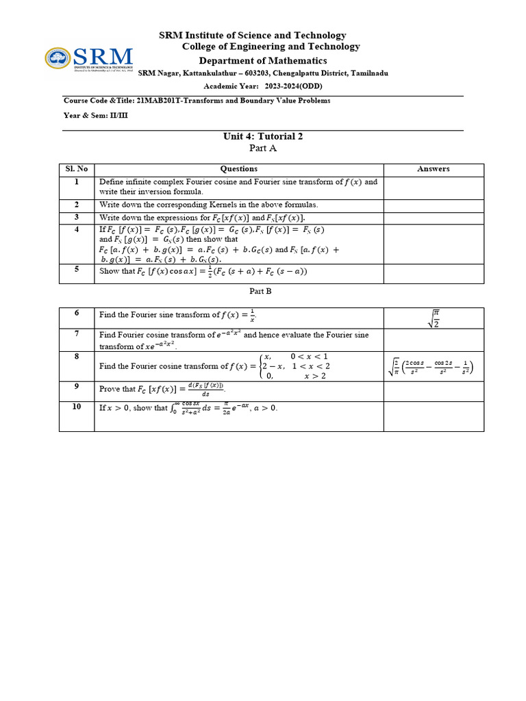 Unit4 - T2 - TBVP SRM Tutorial | Download Free PDF | Fourier Transform | Geometry