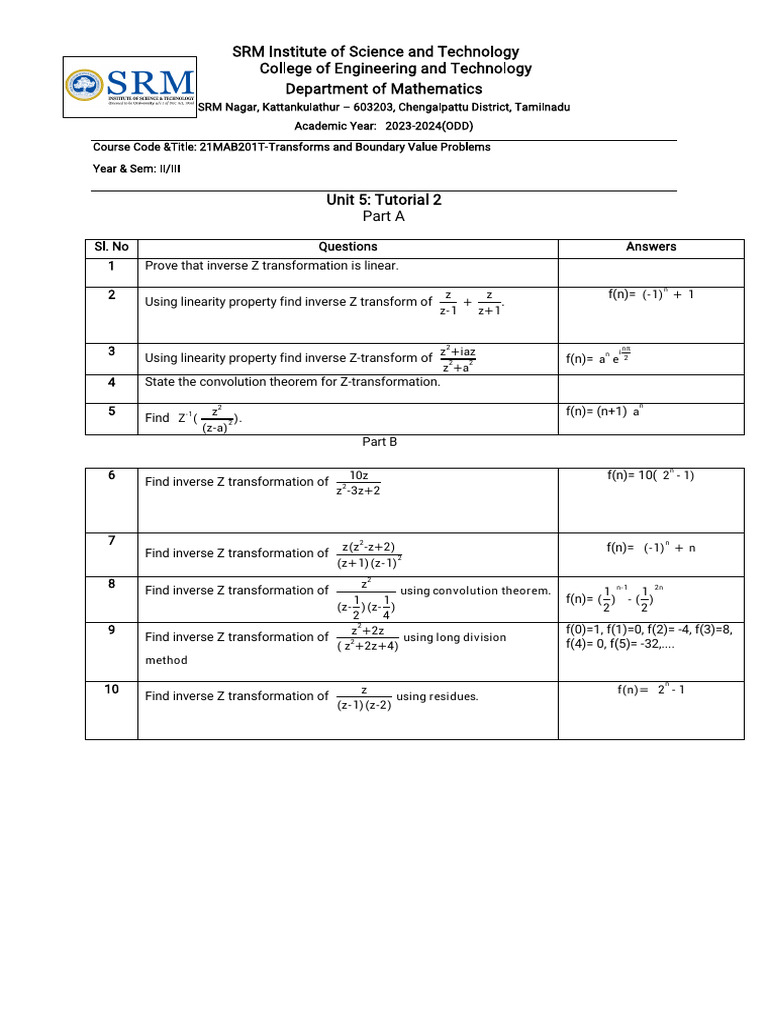 Unit 5, Tutorial 2 TBVP SRM Tutorial | PDF | Functional Analysis | Harmonic Analysis