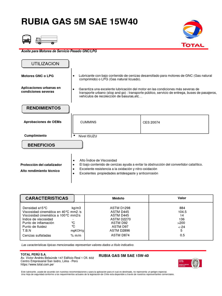 4 TDS - Total - Rubia Gas 5M Sae 15W40 | PDF | Lubricante | Materiales