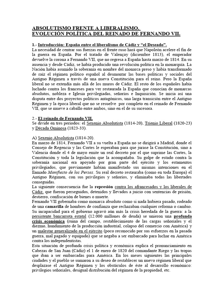 TEMA 11. Fernando VII. ABSOLUTISMO FRENTE A LIBERALISMO. EVOLUCIÓN POLITICA DEL REINADO DE ...