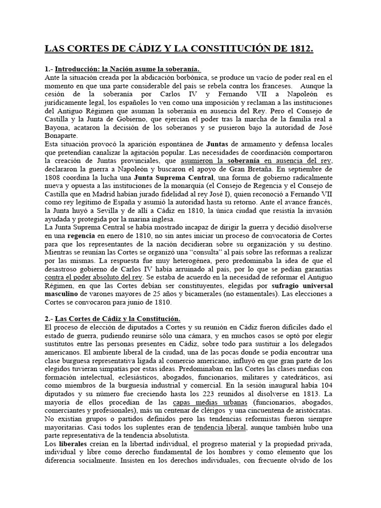 Tema 10. Las Cortes de Cádiz y La Constitución de 1812. | PDF | Cortes ...