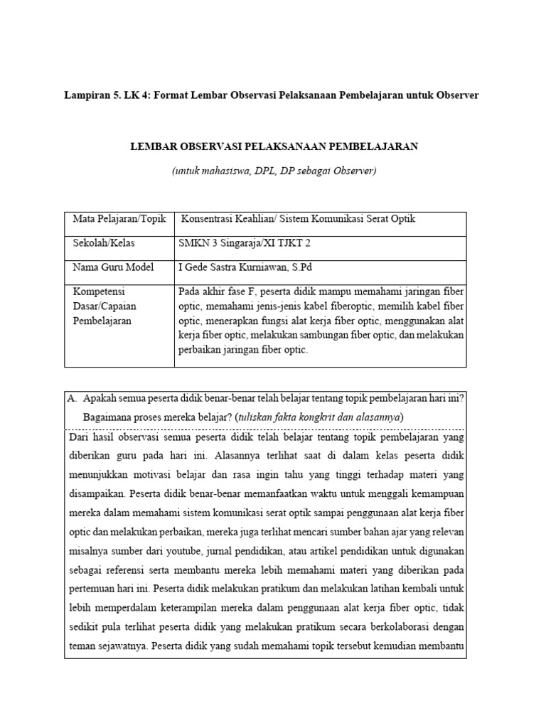 Lampiran 5. LK 4 Format Lembar Observasi Pelaksanaan Pembelajaran Untuk Observer SIKLUS 1 | PDF ...
