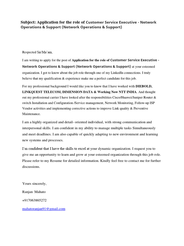 Ranjan Mahato - NTT - Cover Letter | PDF