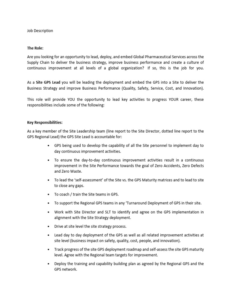 JD - 377085 Site GPS Lead (GSK Production System) (Open) - 1 | PDF ...