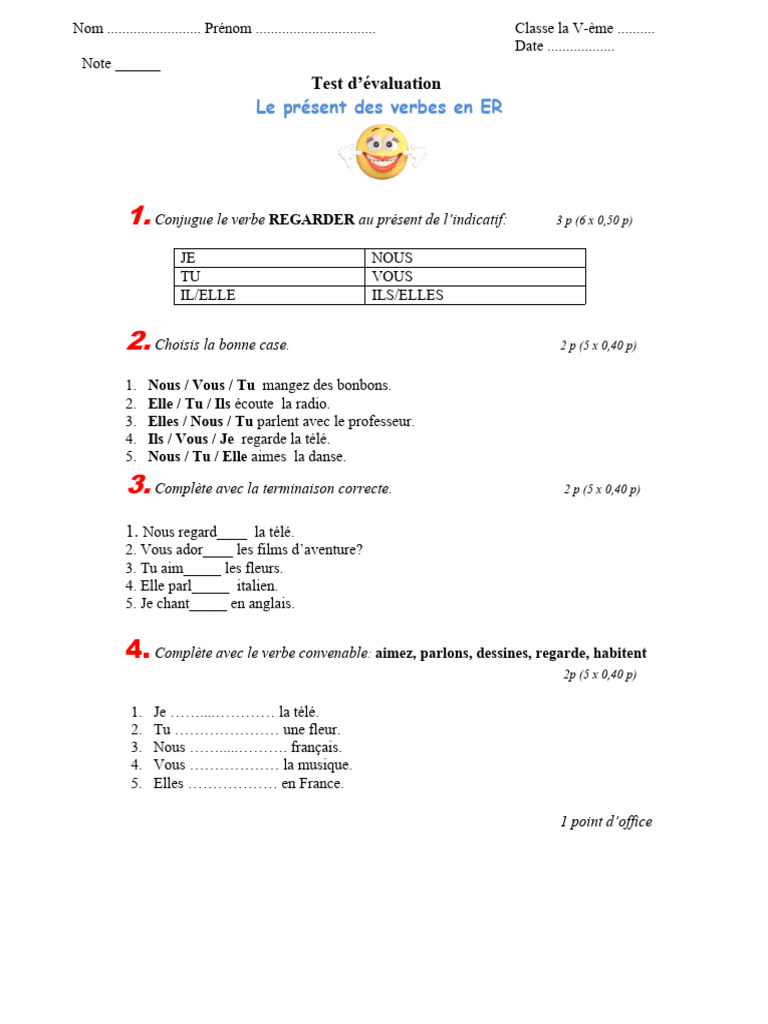 Test - Le Present Des Verbes en - Er | PDF