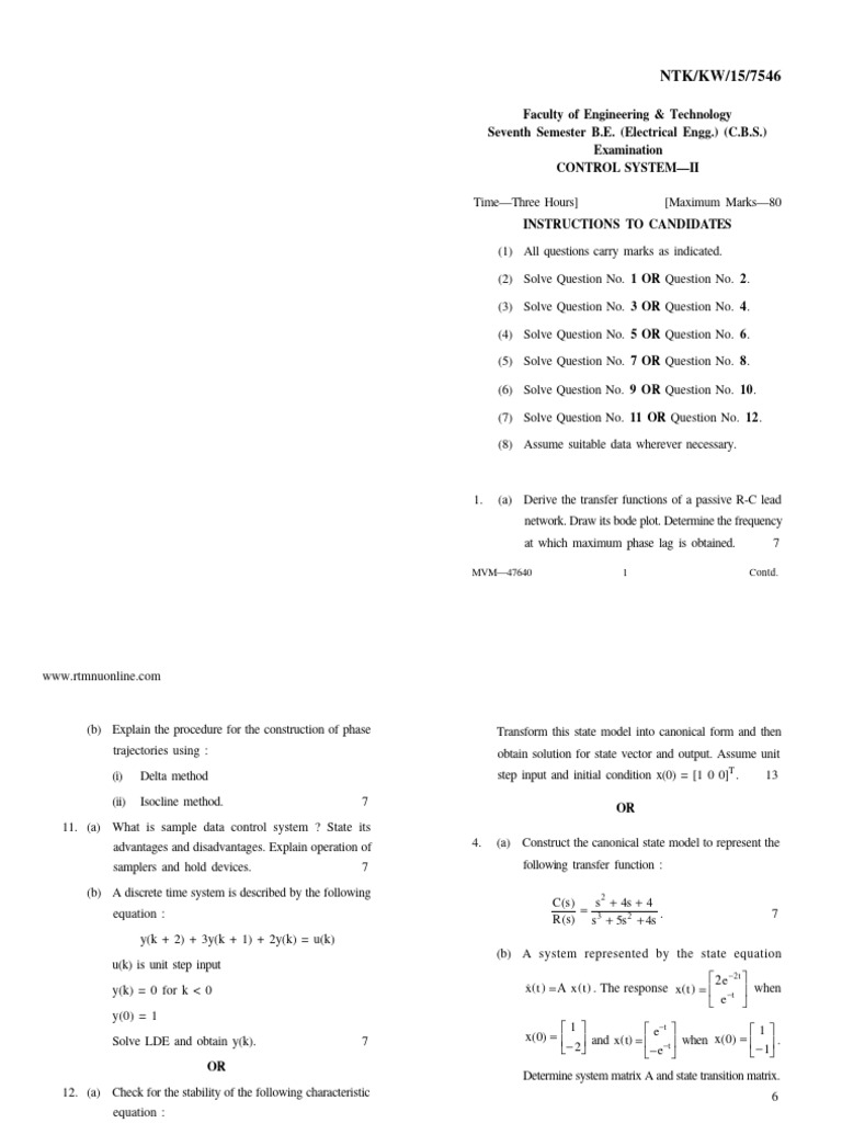 Ee 7 Sem Control System 2 2016 | PDF | Mathematics | Systems Theory