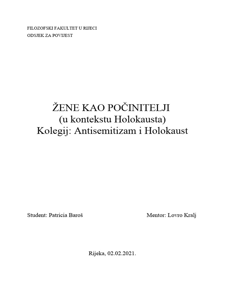 Žene Kao Počinitelji (U Kontekstu Holokausta) - Seminar | PDF