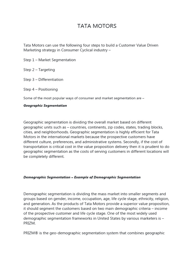 TATA MOTORS STP Analysis | PDF | Market Segmentation | Marketing
