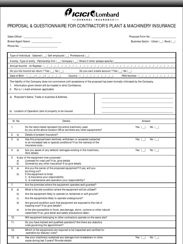 Proposal & Questionnaire For Contractor’S Plant & Machinery Insurance ...