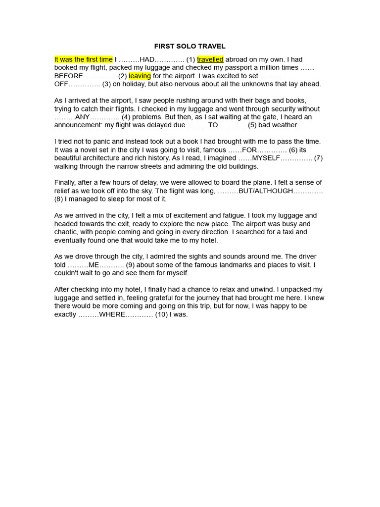 FIRST SOLO TRAVEL Open Cloze | PDF