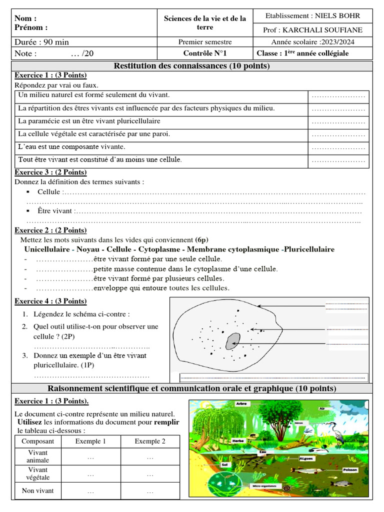 Contrôle SVT 1AC Semestre 1 2023/2024 | PDF | Cellule (Biologie ...