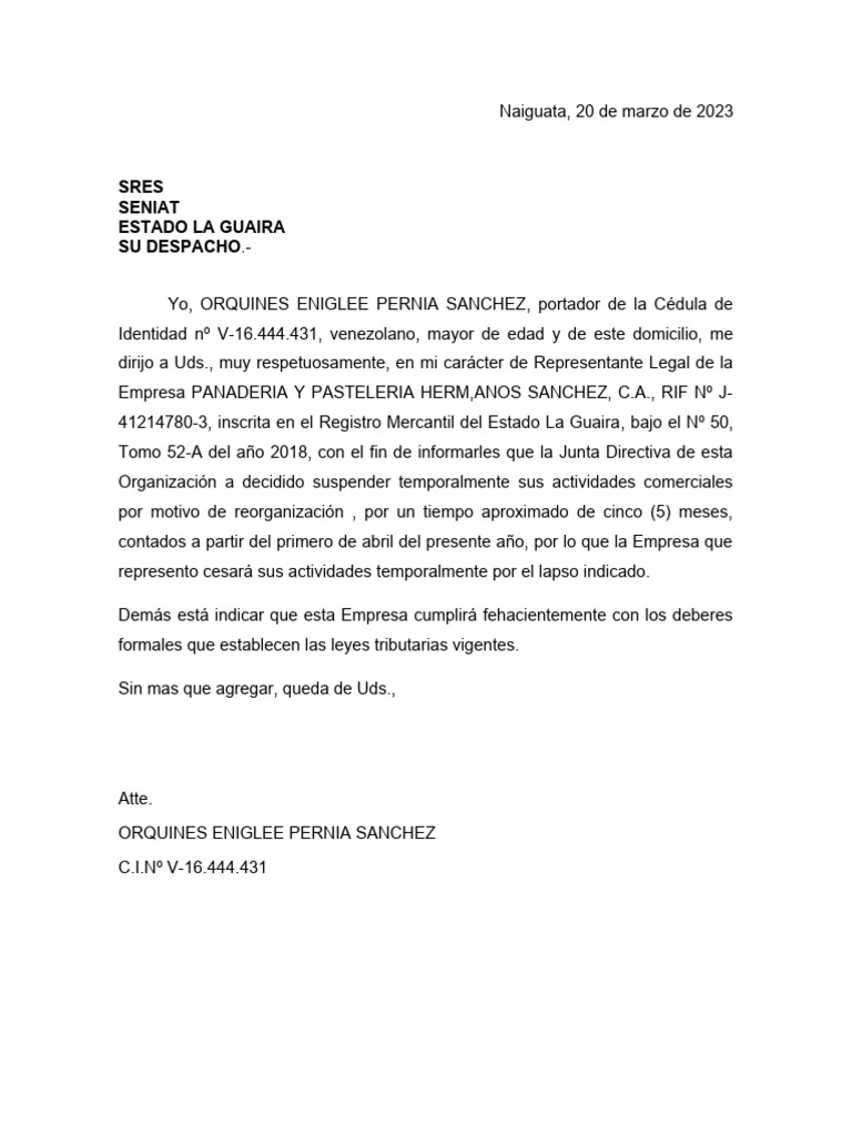 Carta de Suspension Temporal de Actividades | PDF Carta de Suspension Temporal de Actividades | PDF