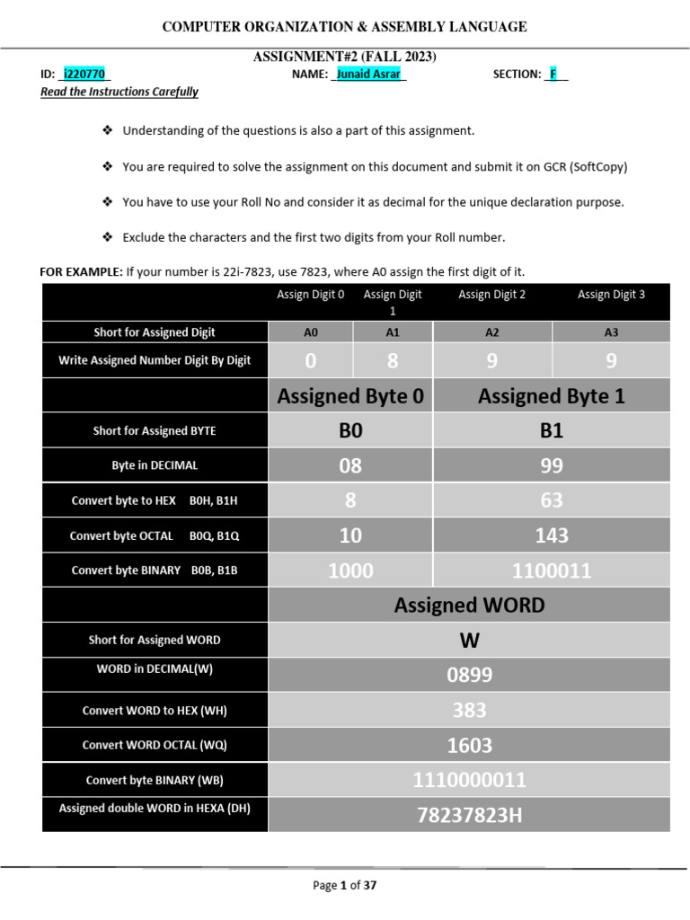 Assigned Byte 0 Assigned Byte 1 B0 B1: Computer Organization & Assembly Language ASSIGNMENT#2 ...