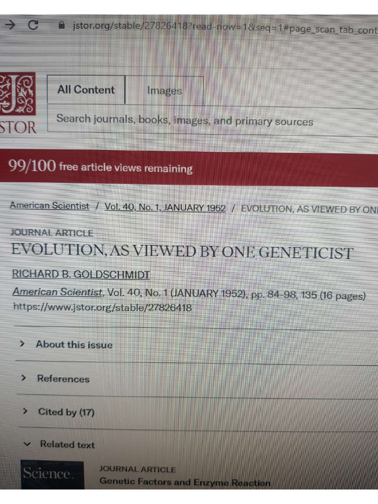 Evolution, As Viewed by One Geneticist - Richard Goldschmidt | PDF