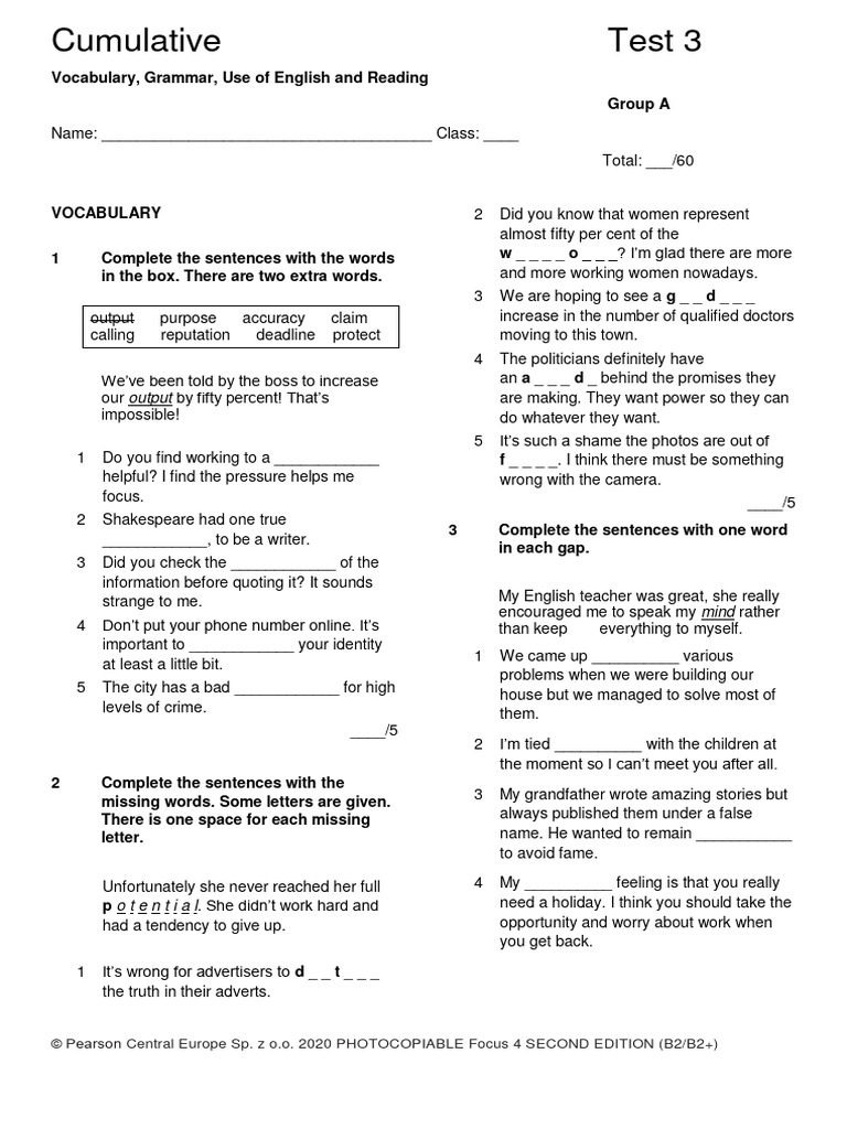 Focus4 2E Cumulative Test 3 Units1-6 GroupA | PDF | English Language ...