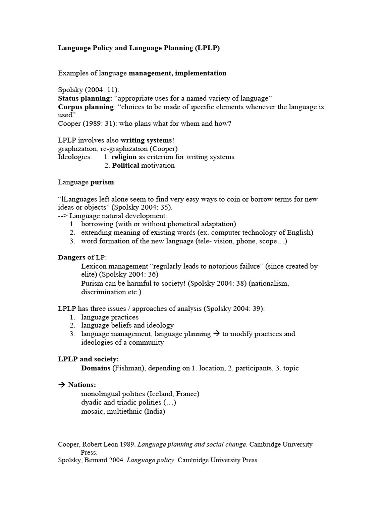 Language Policy and Language Planning - Handout | PDF